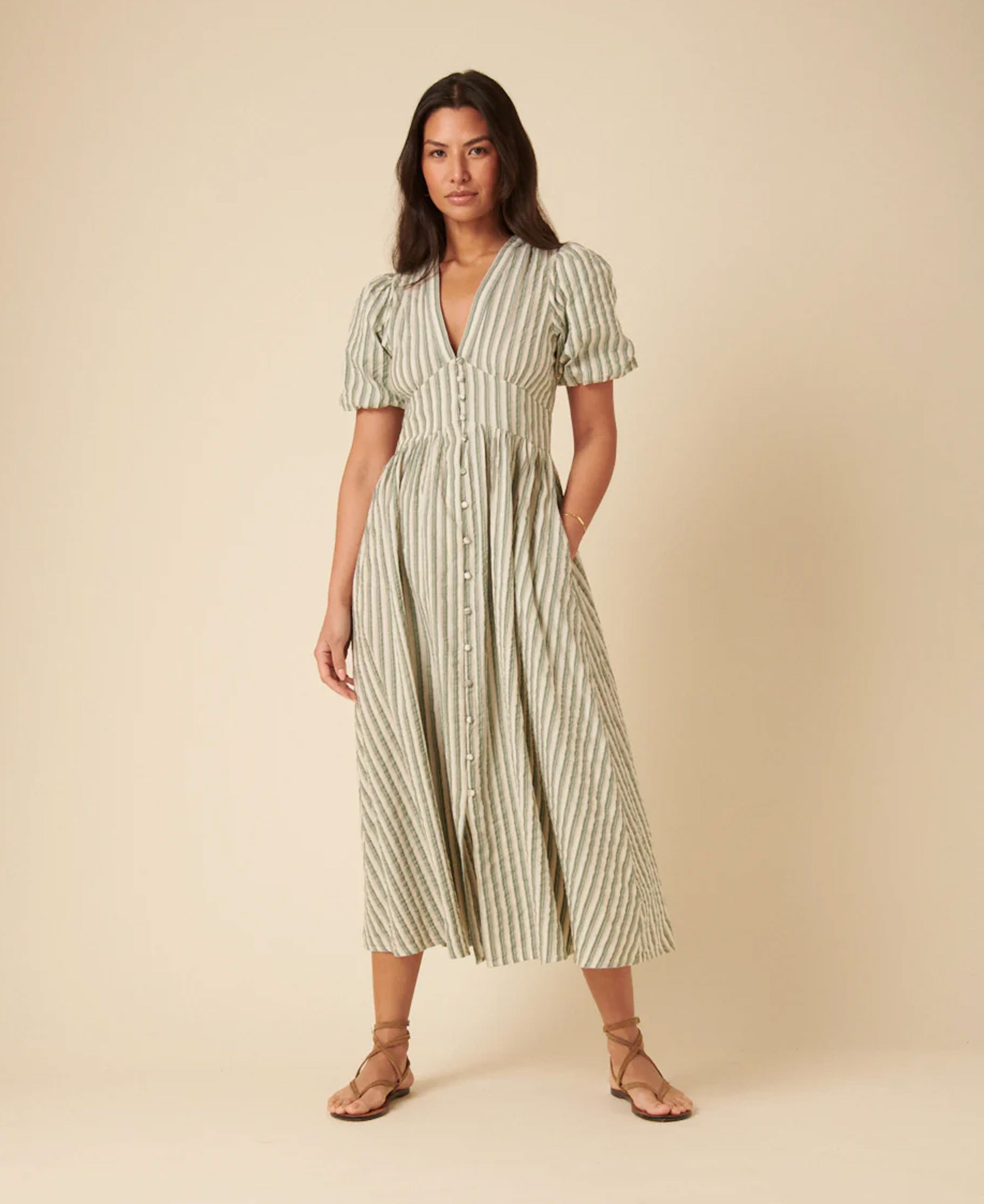 Landmark | Nobody's Child Starlight Midaxi Dress Seersucker in Green Stripe